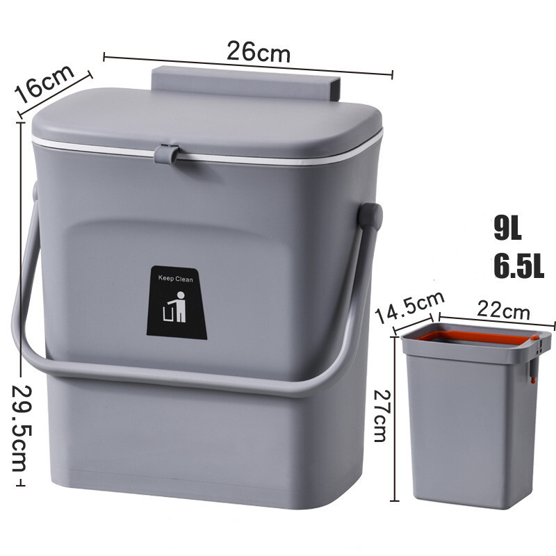 9L Wall Waste Bin with Lid Handle And Inner Barrel Trash Can with ...