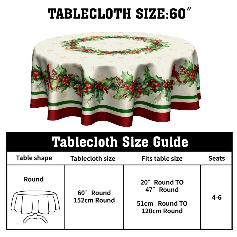 Christmas Holly Tablecloth Round 60 Inch Winter Red Birds Watercolor ...