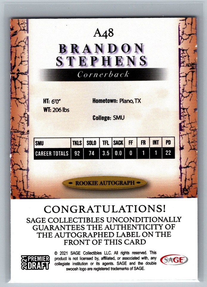 Brandon Stephens 2021 SAGE Premier Draft Autographs BLACK A48 Football ...