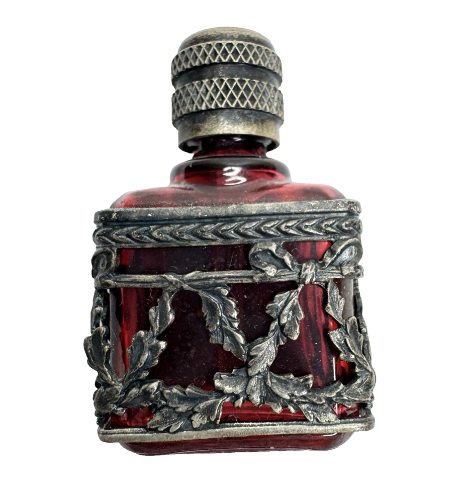 Vintage Red Perfume Bottle Art Nouveau Silverplate Overlay Ornate Mini ...