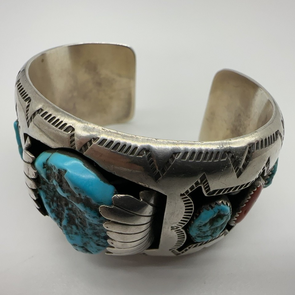 VTG WJ Musket Navajo Sterling Turquoise Coral Watch Cuff Bracelet 84.6g ...