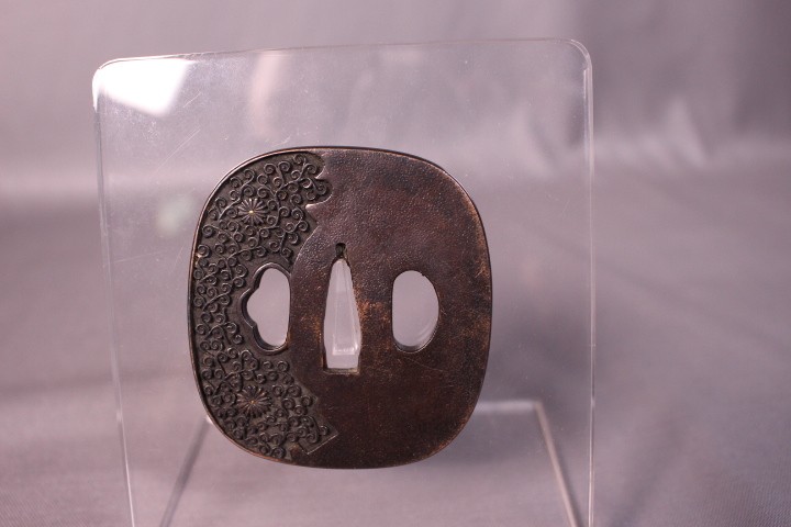 Tsuba Japanese Sword Guard Chrysanthemum & Arabesque Engraved Iron from ...