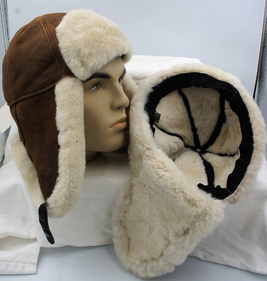 REAL Sheepskin Shearling Leather Hat Trapper Ushanka Hunting ESPRESSO ...