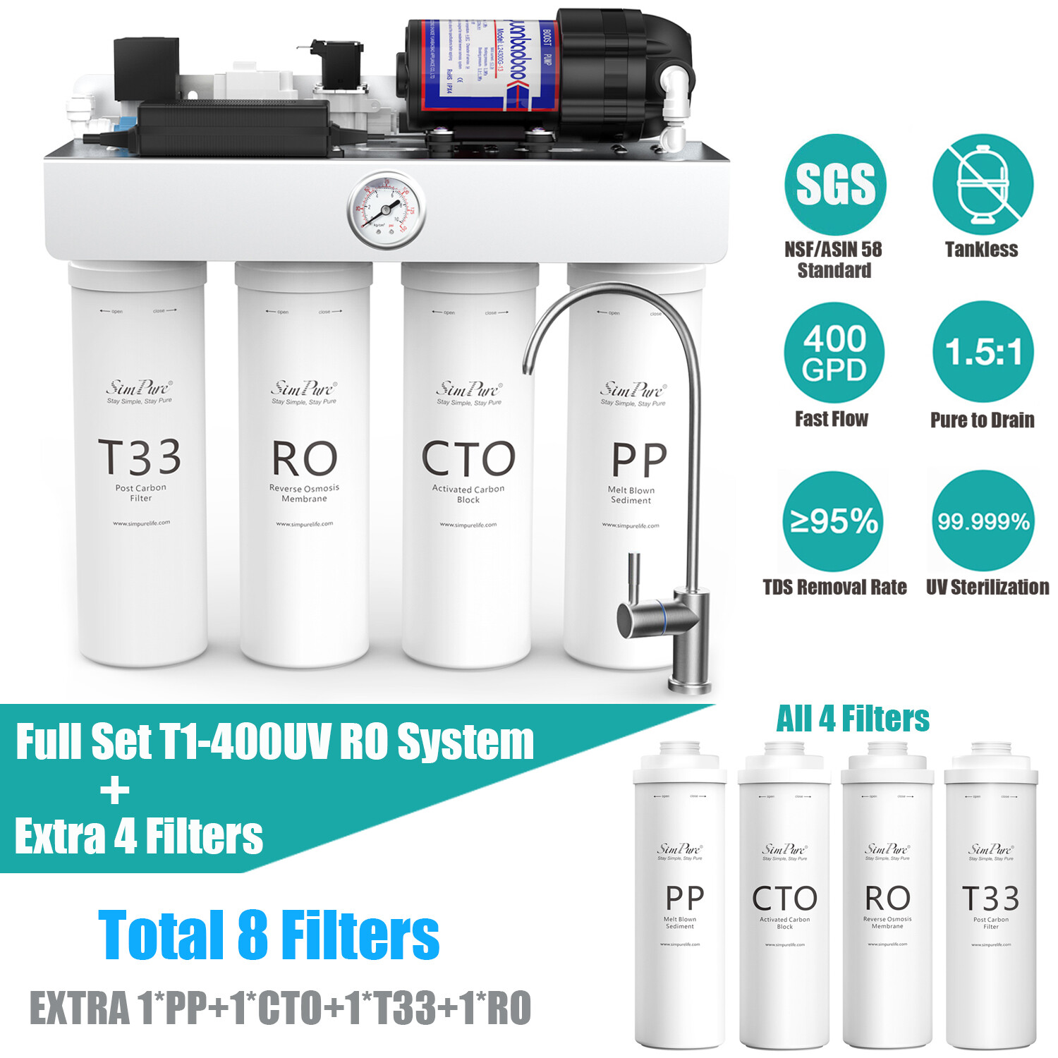 SimPure T1-400GPD 8 Stage UV Reverse Osmosis Tankless RO Water Filter ...