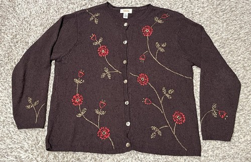 Talbots Women’s Brown Silk Blend Cardigan W/ Floral Embroidery Size L ...