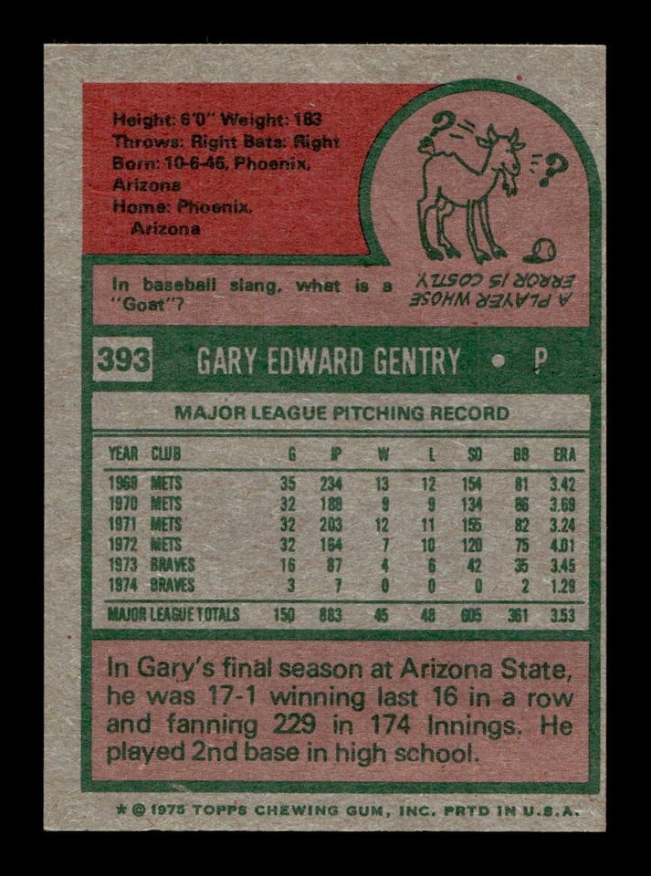 1975 Topps #393 Gary Gentry Braves NEAR MINT *3s | eBay