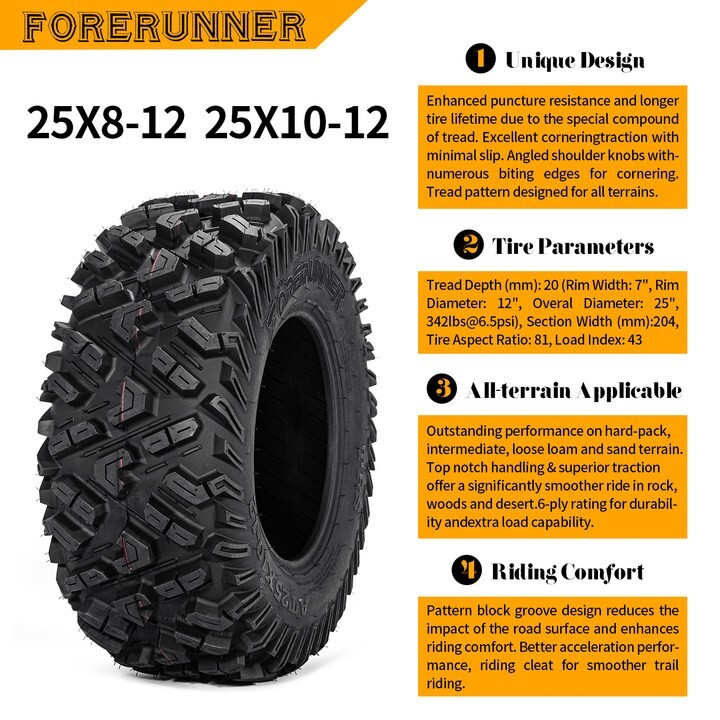 Set 4 25x8-12 25x10-12 ATV UTV Tires 6Ply 25x8x12 25x10x12 Mud All ...