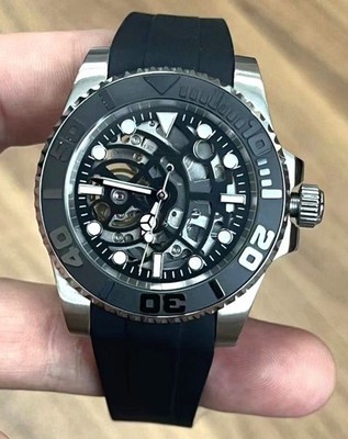 Automatic Skeleton Dive Style Watch Black Rubber Strap Luminous Markers ...
