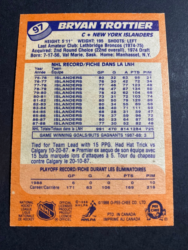 NHL BRYAN TROTTIER, ISLANDERS, C, #60, 1988, O-PEE-CHEE, MINT, NM+ | eBay