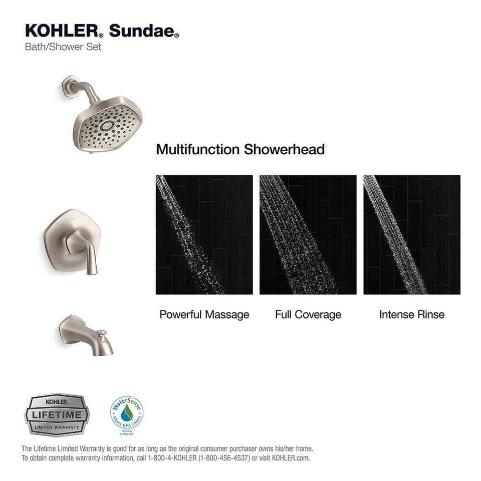 KOHLER Sundae Tub and Shower Faucet in Vibrant Brushed Nickel Valve ...