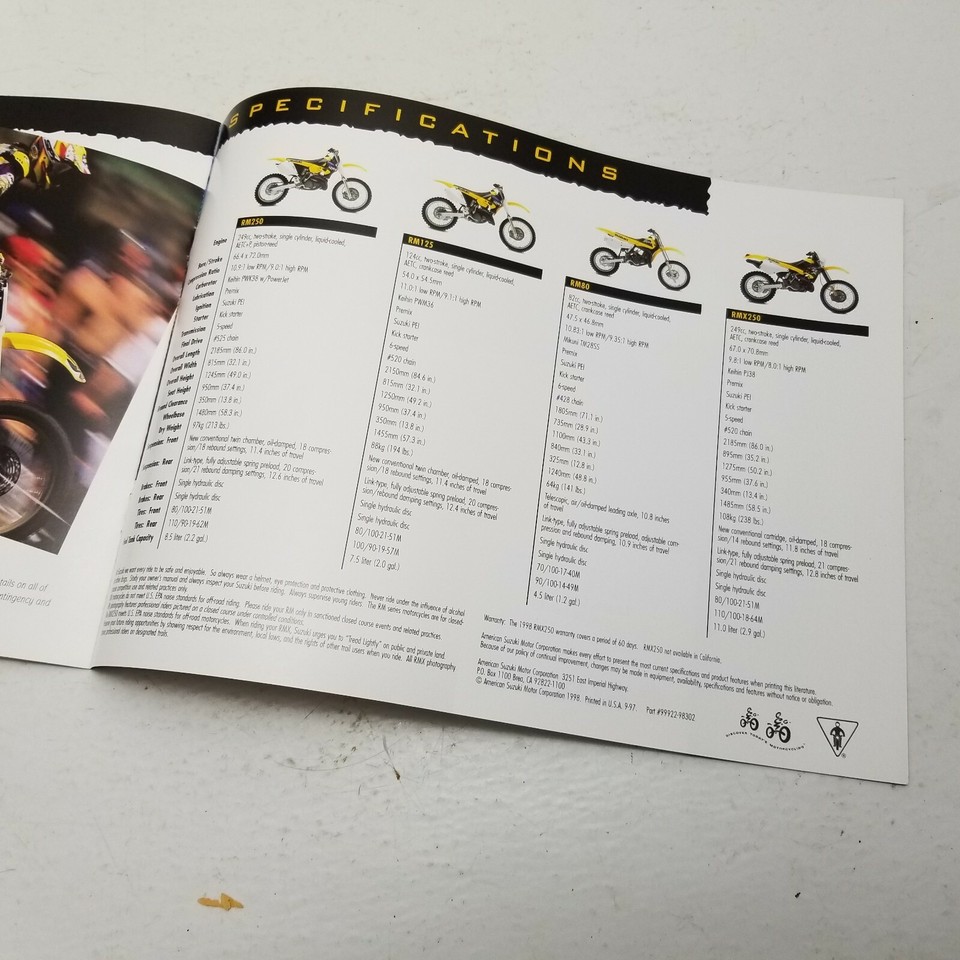 1998 Suzuki RM RMX Sales Brochure Advertising 8.5x11 RM80 125 250 ...