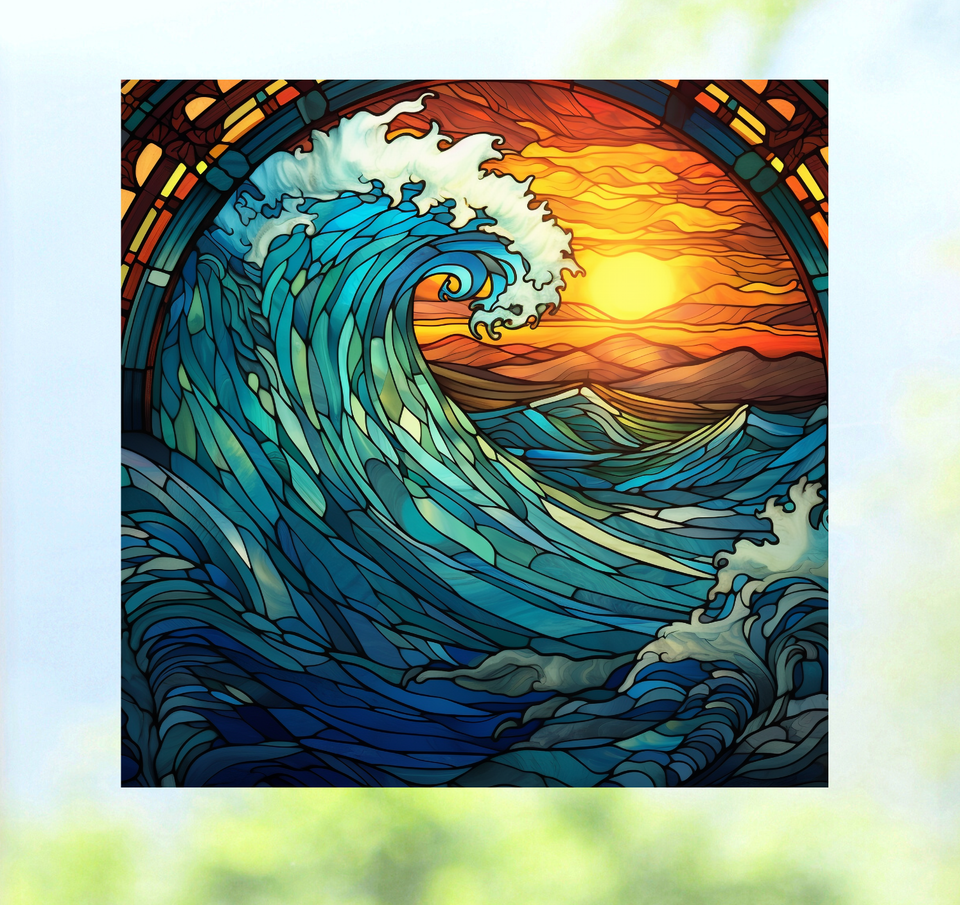 Ocean Wave Faux Stained-Glass WINDOW CLING Size 8" Repositionable Vinyl ...
