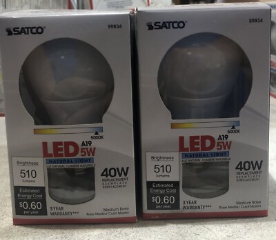 SATCO LED Bulb 5W = 40W A19 STANDARD BASE 120V 5000K Natural Light 4 ...