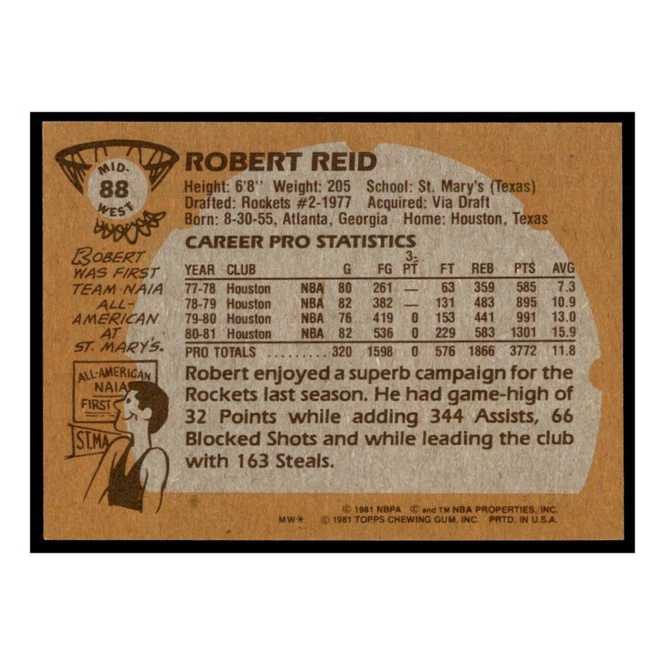 1981 Topps #MW88 Robert Reid Houston Rockets Basketball Card | eBay