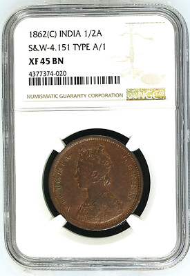 British India 1/2 (Half) Anna 1862 (C) S&W 4.151 Type A/1 NGC XF-45 BN ...