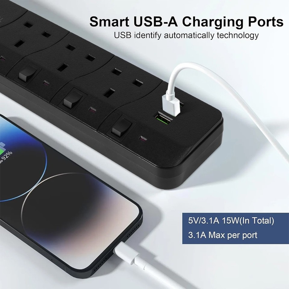 Extension Lead with 3 USB C Cable Electric Plug Socket UK Mains Power 3 ...