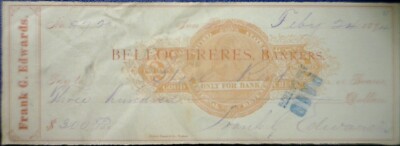 1874 Belloc Freres Bankers SAN FRANCISCO CALIFORNIA Bank Check LOT #68 ...