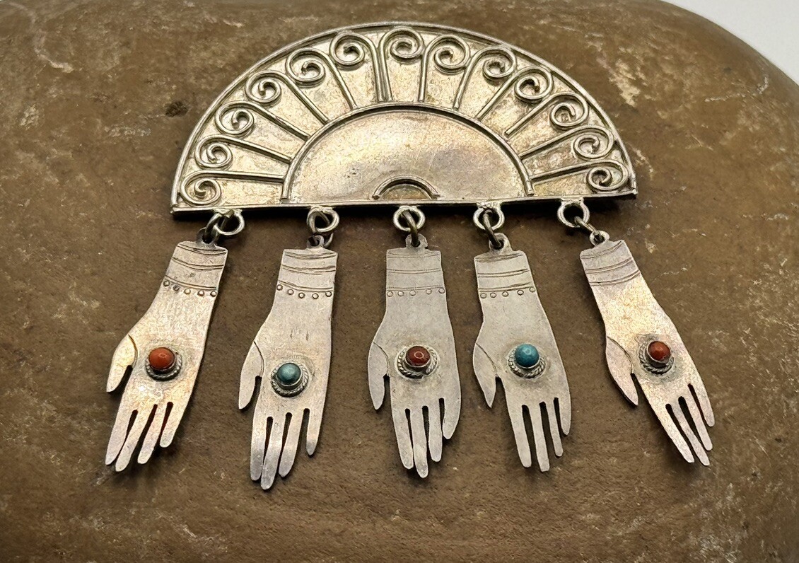 RARE China/Tibetan Fan/Hands Turquoise /Coral Sterlin… - Gem