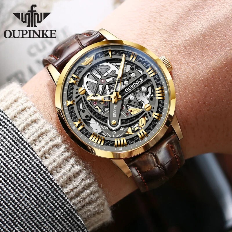 Automatic Waterproof Mechanical Watch Men's Leather Luxury Skeleton Men ...
