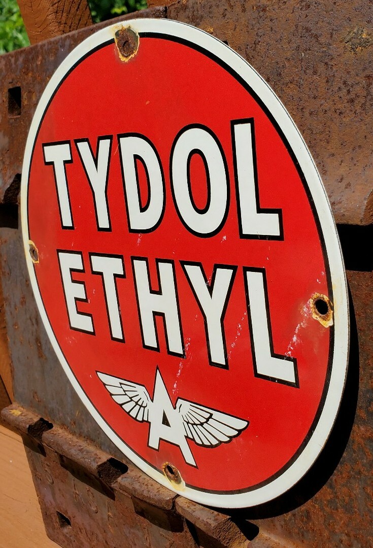 VINTAGE "TYDOL ETHYL" W/ FLYING A GASOLINE WINGS 9 3/4" PORCELAIN METAL ...