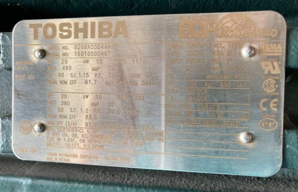 20 HP TOSHIBA ELECTRIC MOTOR 1170 RPM 460 V FRAME 286TC 0206XSSB44A-P ...