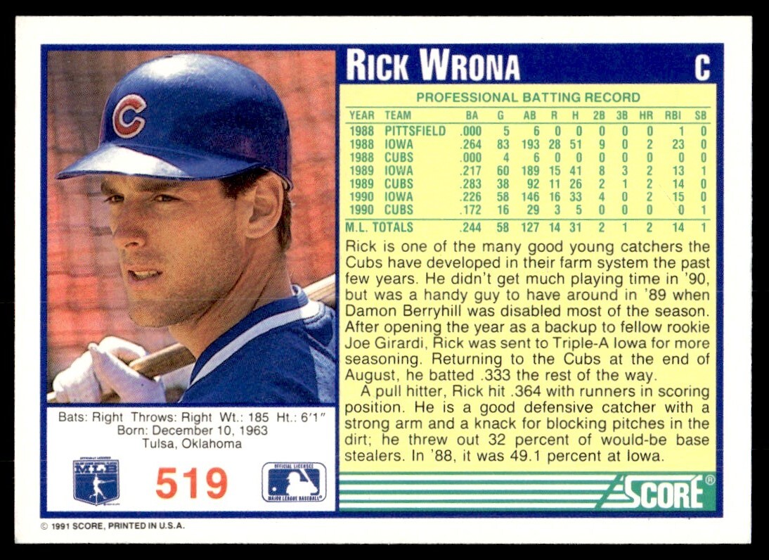 1991 Score Rick Wrona Chicago Cubs #519 | eBay
