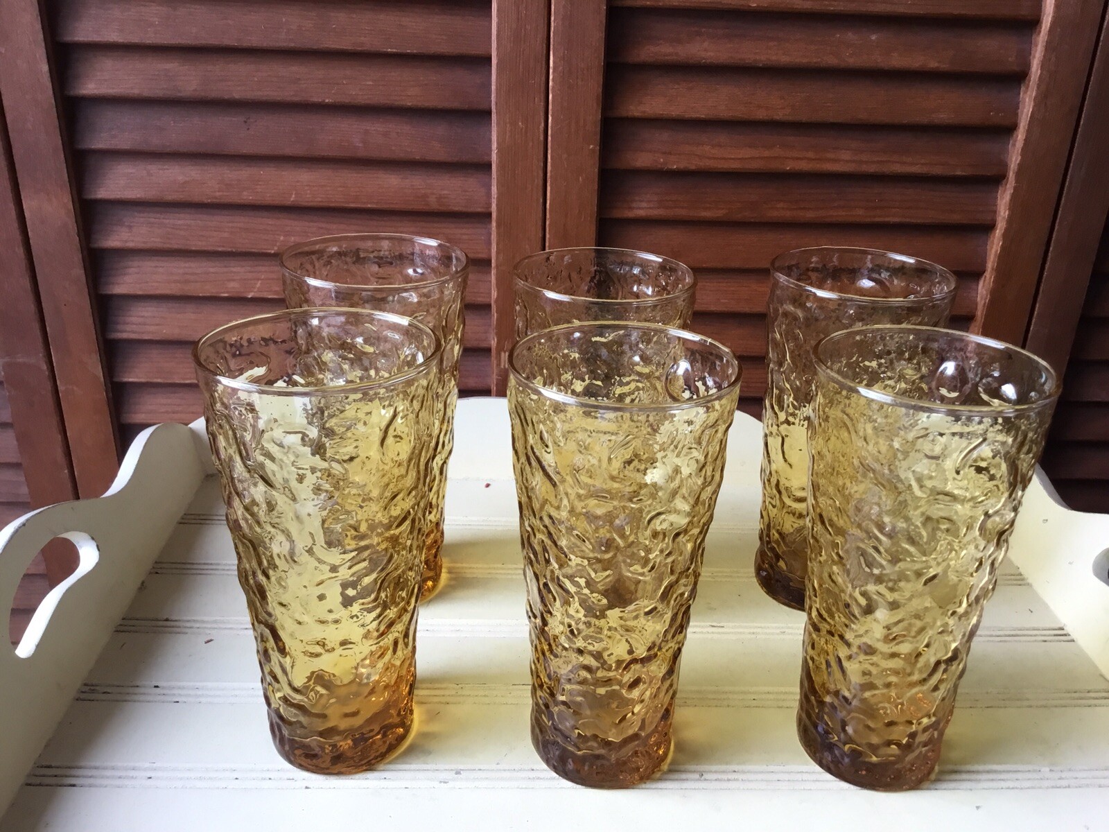 6 AMBER/GOLD TUMBLERS DRINK GLASSES 6” TALL BUMPY CRINKLE MCM NO LOGO ...