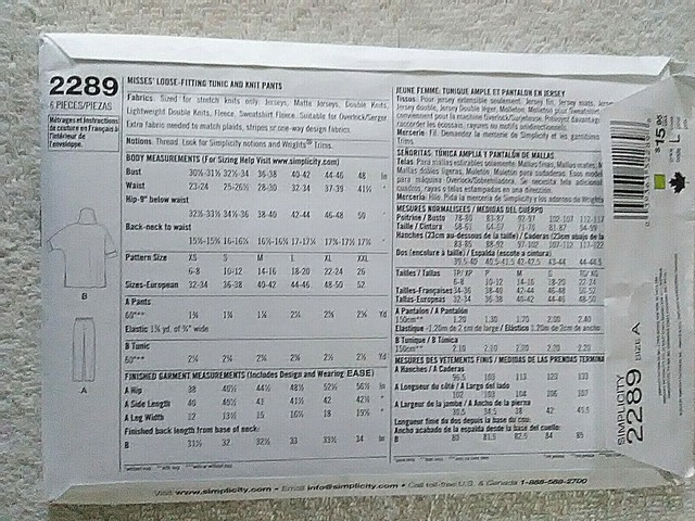 Simplicity 2289 Misses Patty Reed Tunic Knit Pants Sewing Pattern Sz 6 ...