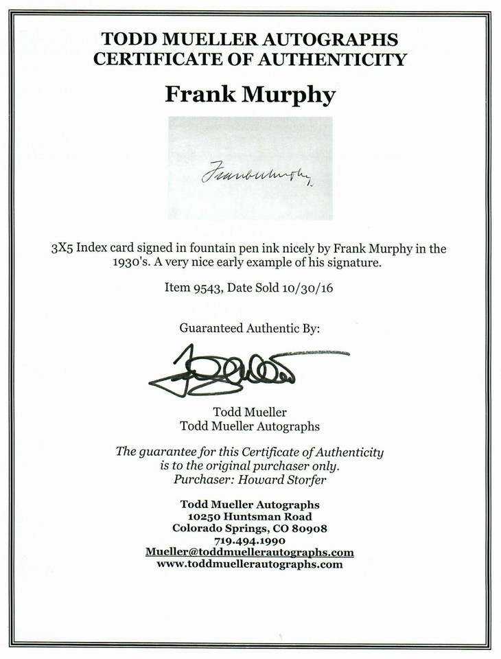 RARE! “Supreme Court Justice" Frank Murphy Hand Signed 3X5 Card COA | eBay