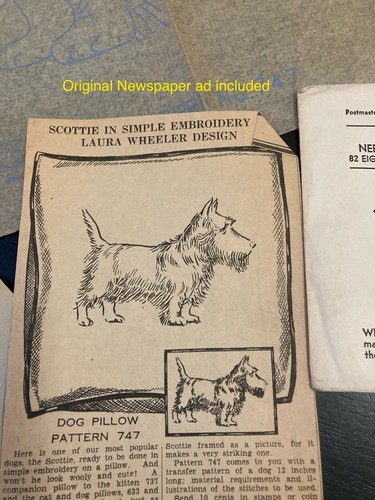 SCOTTIE DOG Pillow Transfer Laura Wheeler RARE Vintage Embroidery ...