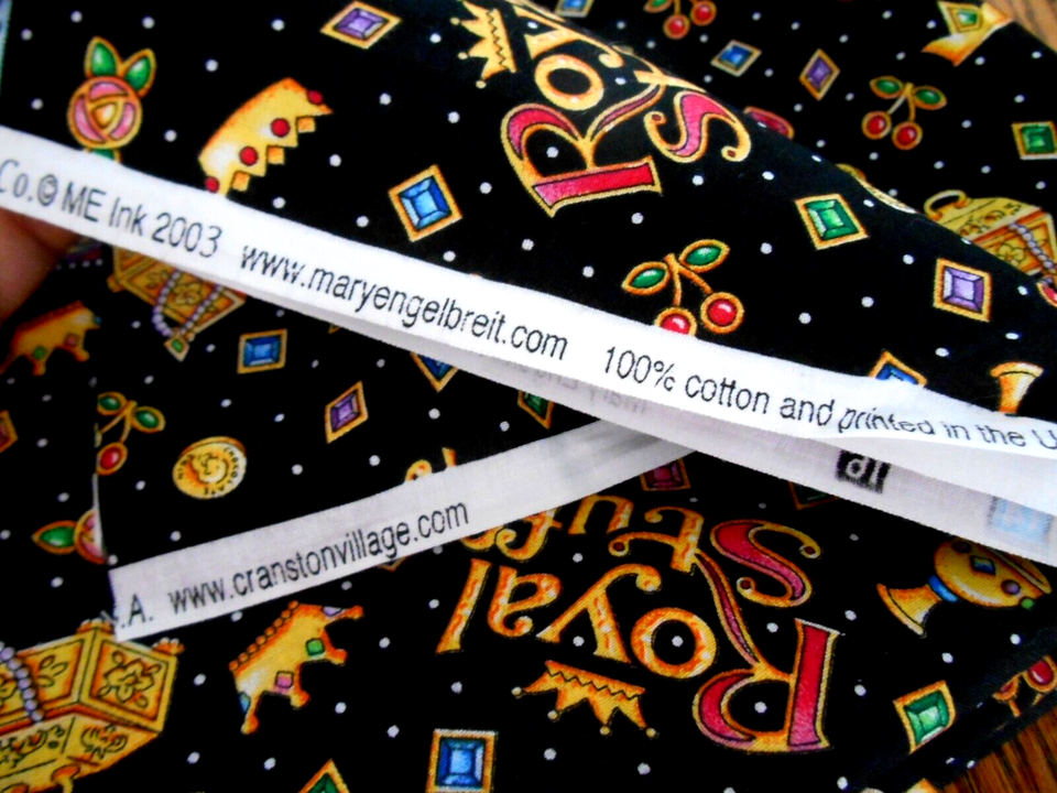 Vintage Mary Engelbreit 2003 ROYAL STUFF Black Cotton Crowns Jewels ...