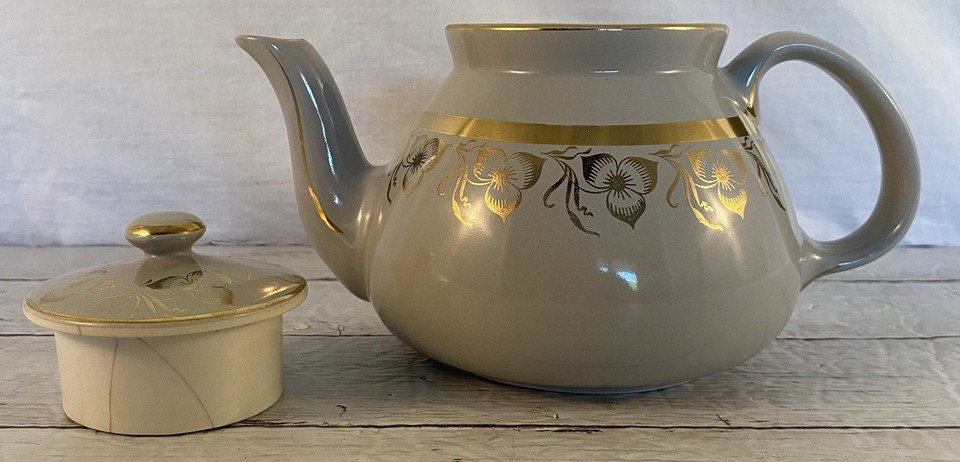 Vintage Hall Tea Pot Grey Colored With Gold Flowers And Trim 8 Cup | eBay