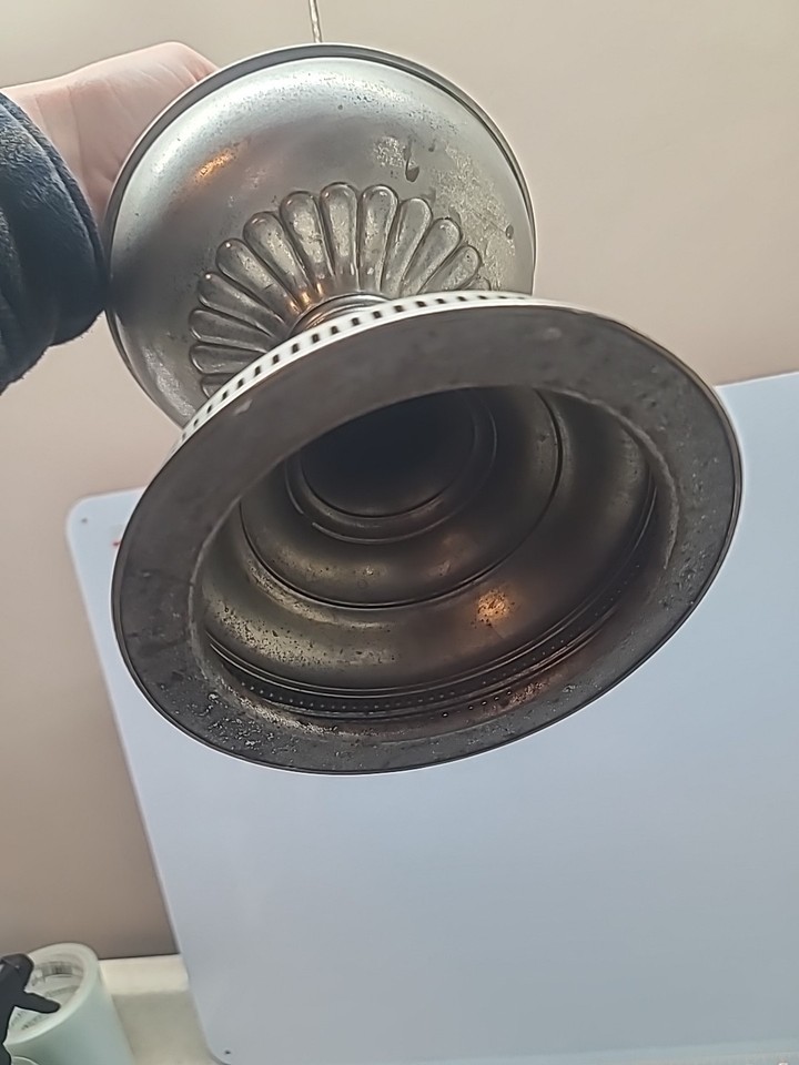 Rayo Oil Lamp Silver Tone Milk Glass Dome Shade Tall Chimney Tarnished ...