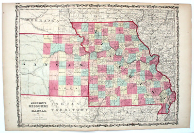 "MISSOURI & KANZAS" Antique original hand colored map 1860 | eBay