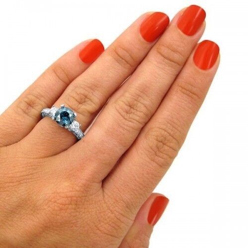 4Ct Lab-Created Blue Diamond Three-Stone Engagement Ring 14K White Gold ...