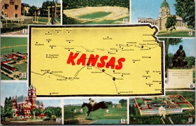 Kansas State Map Labeled Cities Multi-View with Key Unposted Postcard ...