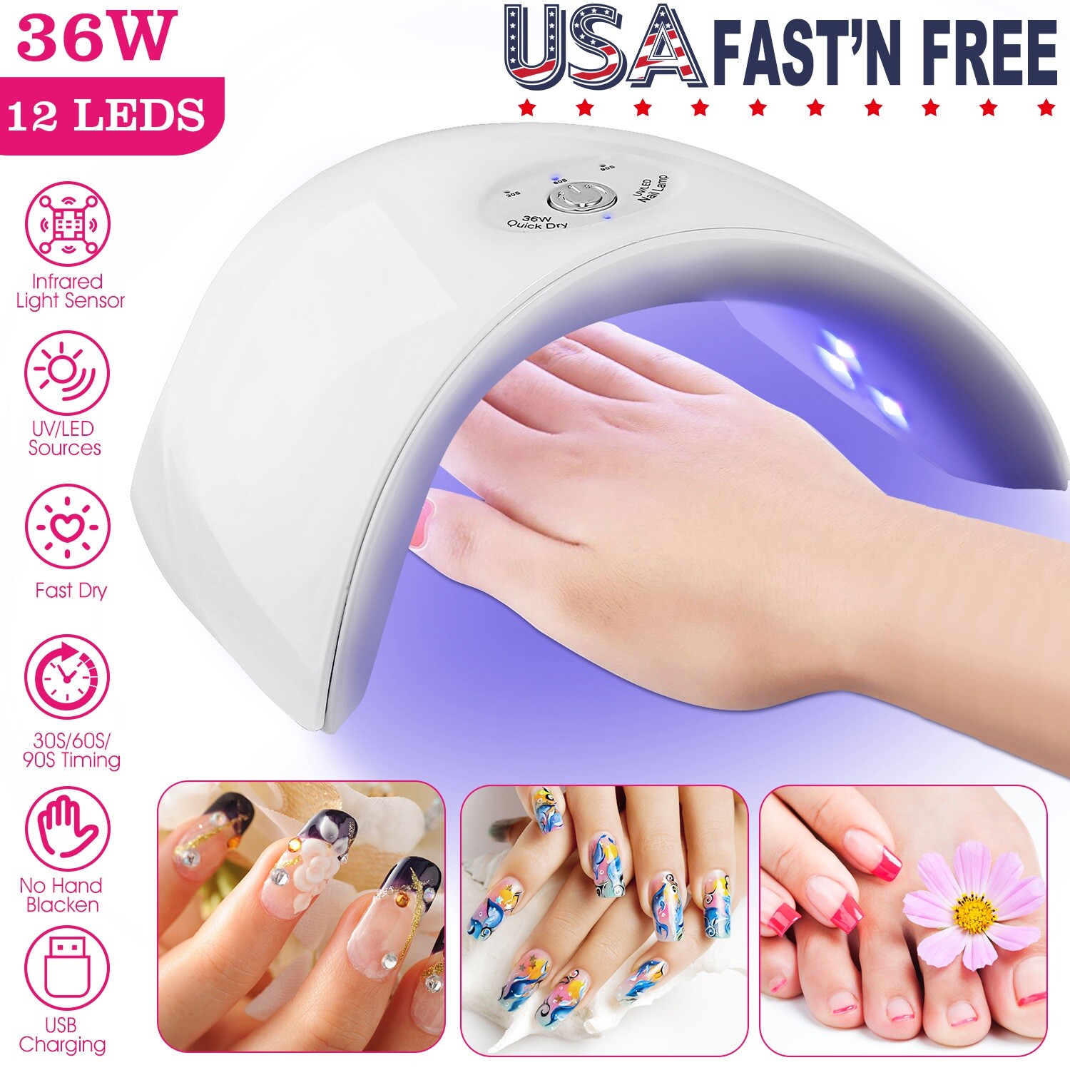 36W LED UV Lamp Nail Gel Dryer 12 LEDs Acrylic Curing Light Spa ...