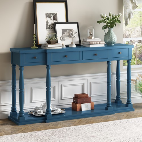 Retro Console Table Entryway Table with 4 Drawers and Storage Shelf ...
