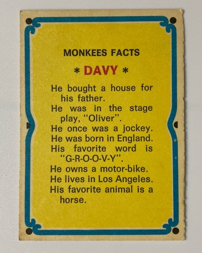 The Monkees/Davy Jones Autograph Card 1967 Donruss 2-C | eBay