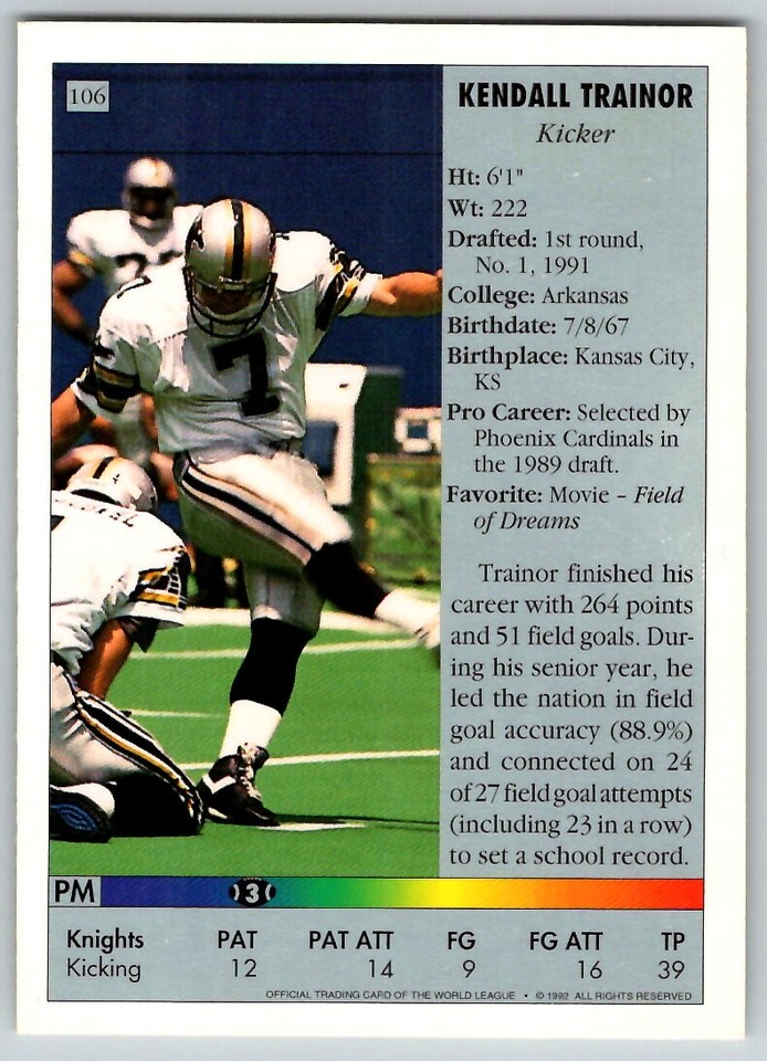 1992 ULTIMATE WLAF KENDALL TRAINOR NY NJ KNIGHTS #106 | eBay