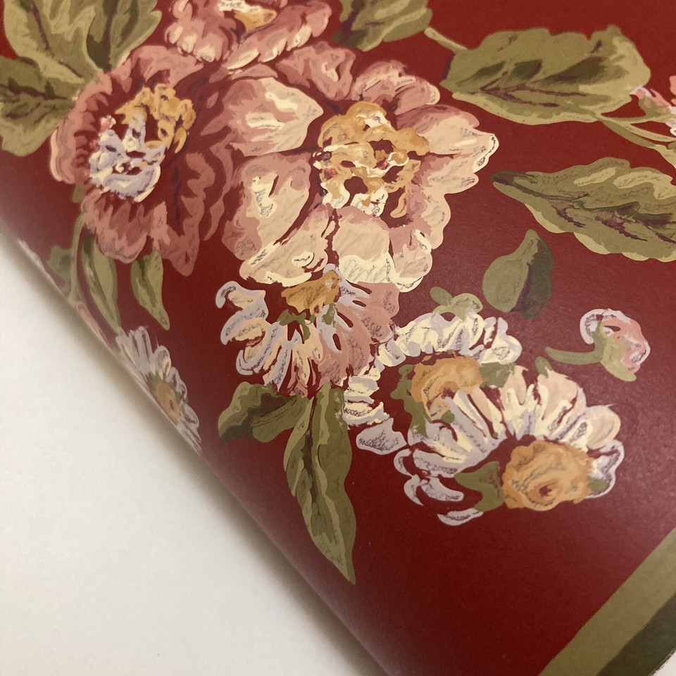 WAVERLY Red Burgundy Floral Flower Green Trim Wallpaper Border 6.25" | eBay