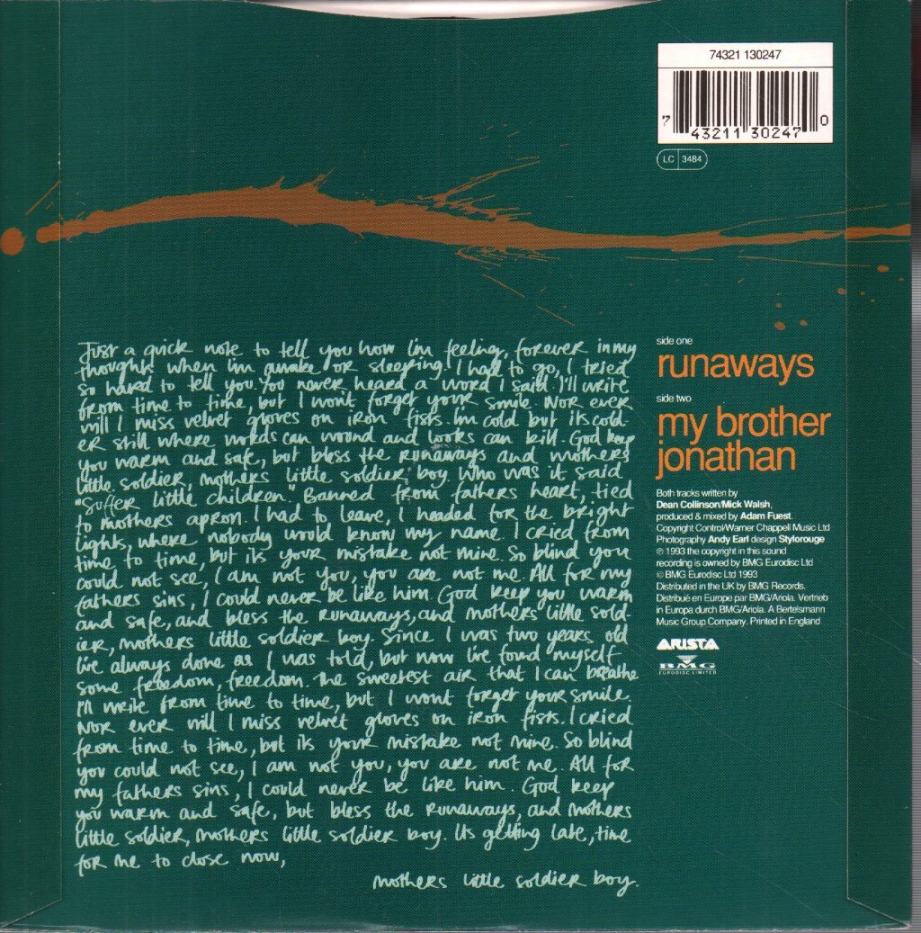 Dean Collinson Runaways 7" vinyl UK Arista 1993 B/w my brother jonathan ...