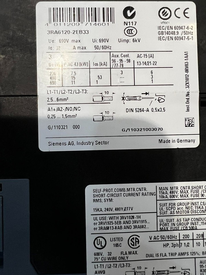 Used siemens 3RA6120-2EB33.Compact load feeder DOL starter.Tested.Fast ...