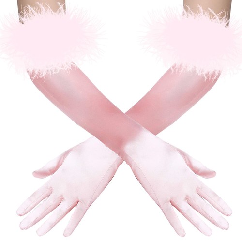 Women's Halloween Elastic Elbow Satin Opera Stage Gloves Cuff Feather ...