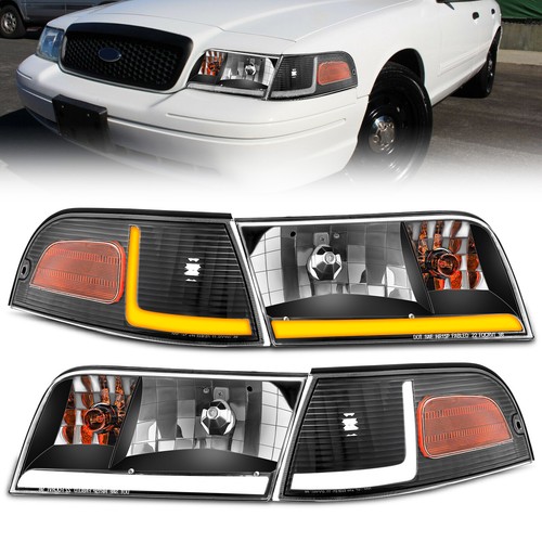 Black LED DRL Headlights Sequential Turn Signal For 98-11 Ford Crown ...