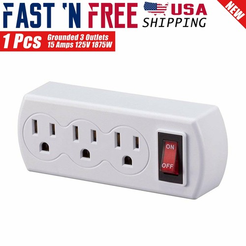 3 Prong Grounded AC Power Wall Tap 3 Outlets w/ ON / OFF Switch Button ...