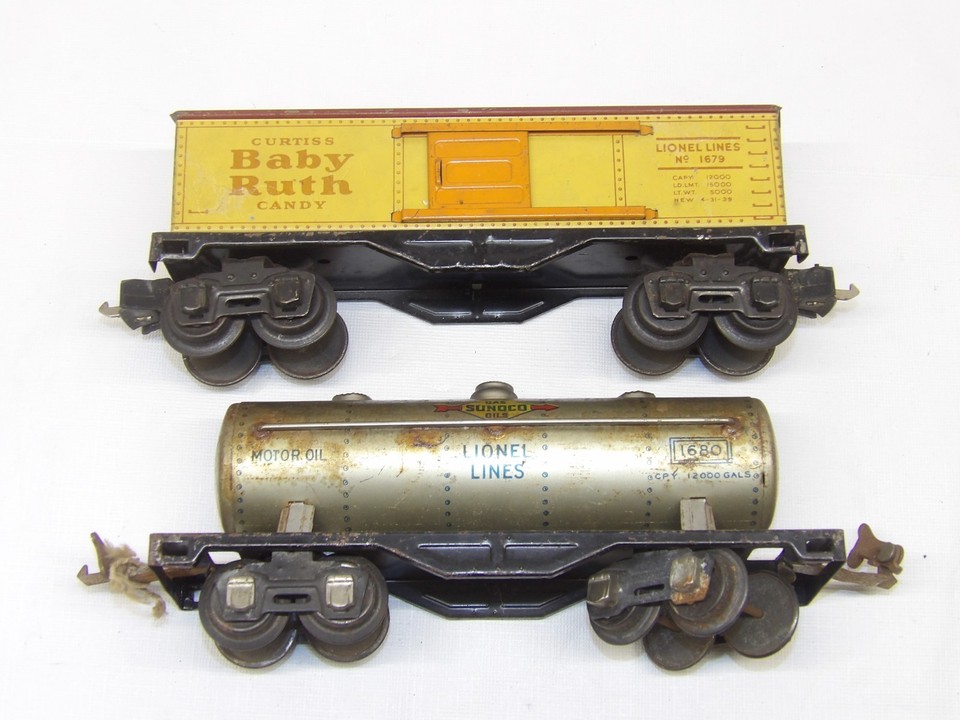 Lionel O gauge Pre-war Tinplate Freight Cars: 1680 tank, 1679 Baby Ruth ...