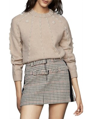 NWT Maje Merle Pearl Embellished Sweater Size 3 (US Large) Beige Wool ...