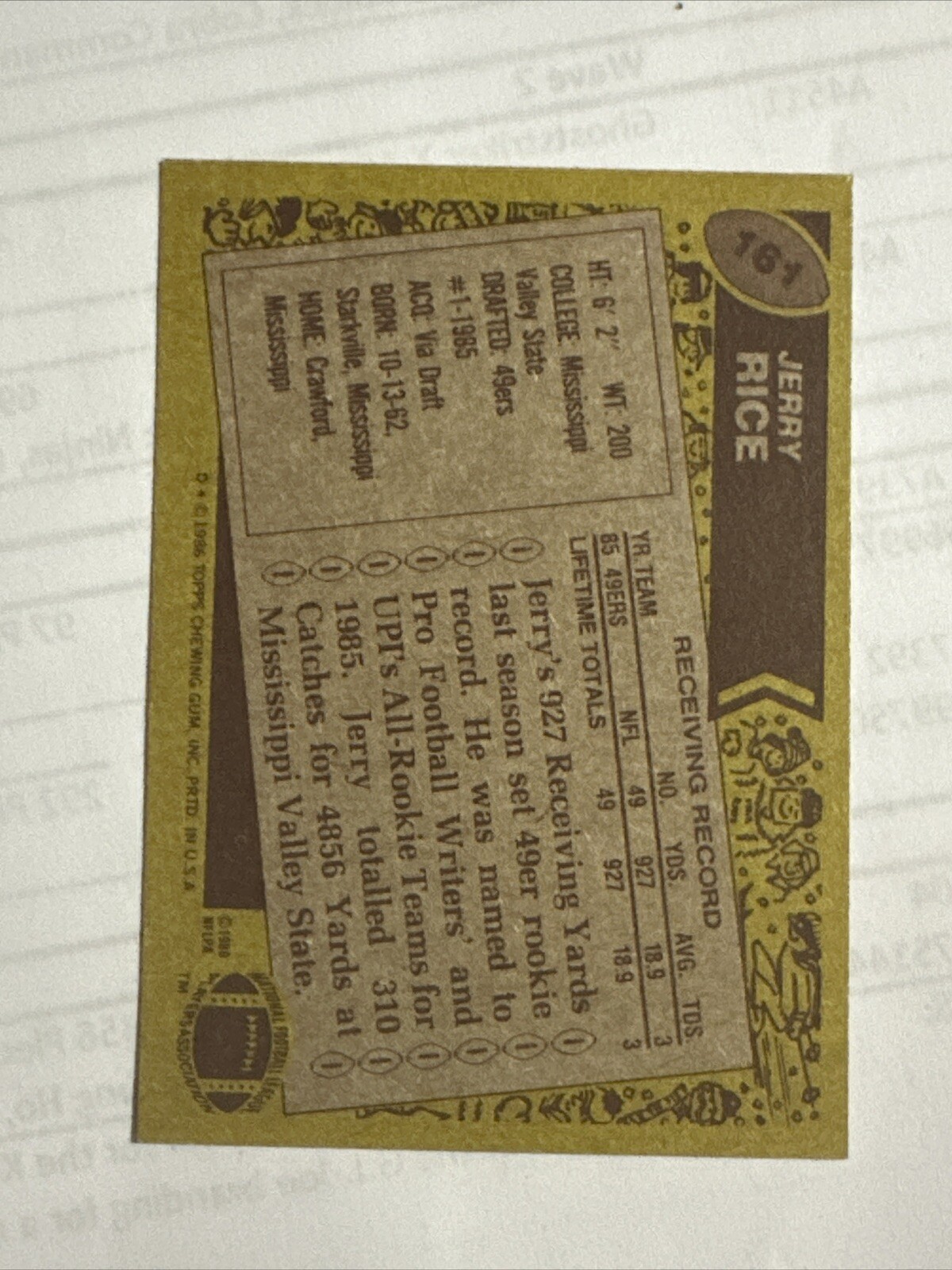 Vtg 1986 Topps #161 JERRY RICE RC SF 49ers Raiders Miss Valley WR NFL ...