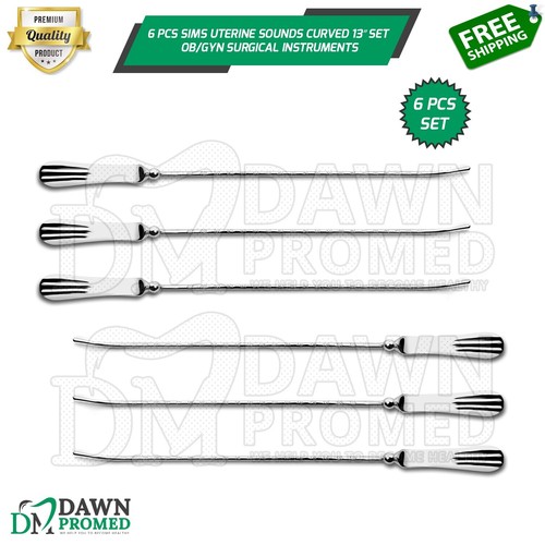 6 Pcs Sims Uterine Sounds Malleable Curved 13” Set OB/GYN Surgical Inst ...
